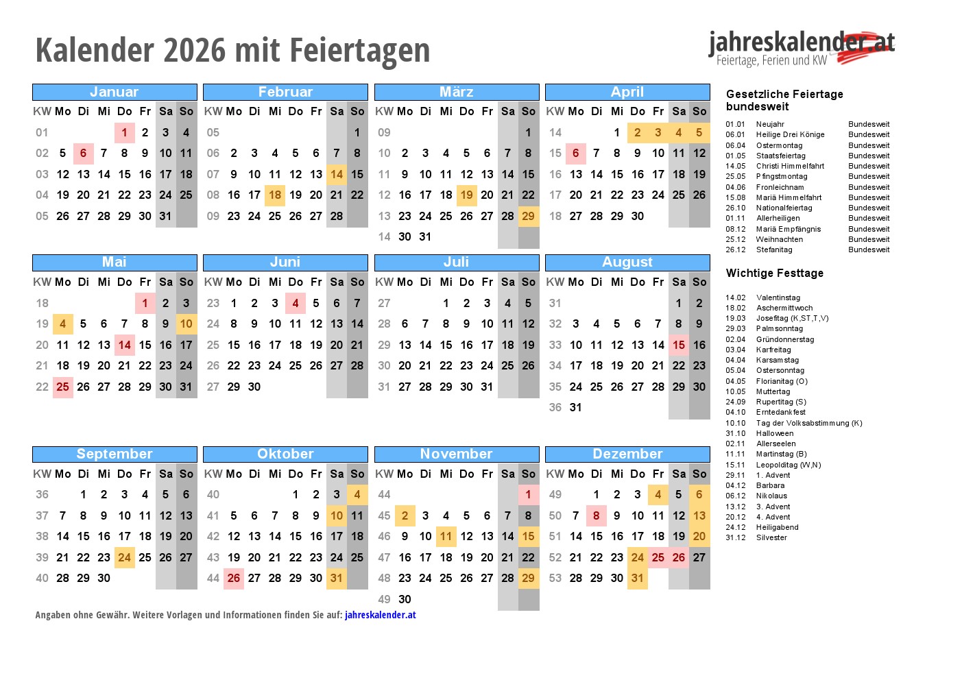 Kalender Österreich 2021-2025 zum Ausdrucken (PDF)